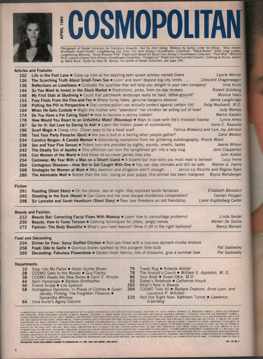 Cosmopolitan Magazine April 1984 Renee Simonsen SCAVULLO 080819AME2 ...